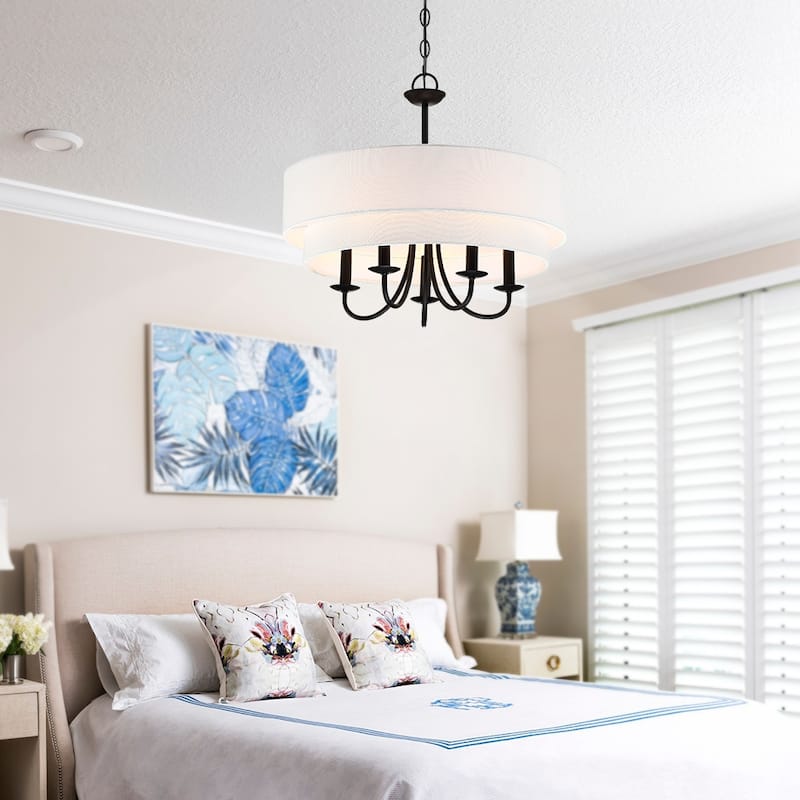 Martina 5-Light Black Chandelier Light with White Double Drum Shade ...